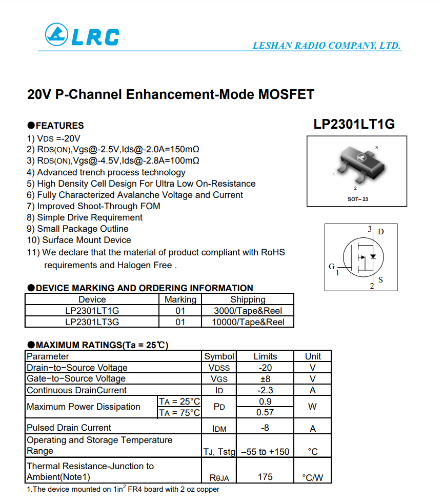 CXT – Từ ý tưởng đến sản phẩm - LP2301LT1G MOSFET P Channel 20V 2.3A SOT-23